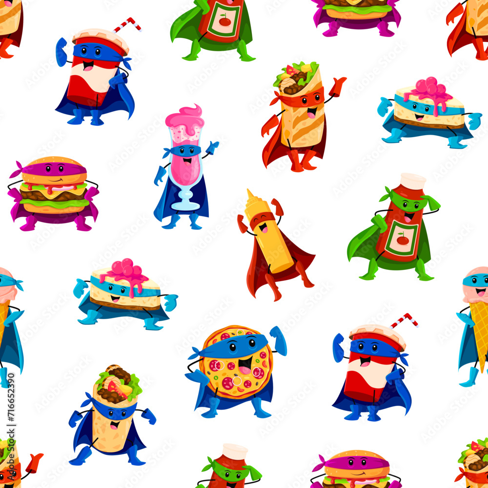 Cartoon fast food superhero characters pattern. Vector tile background ...