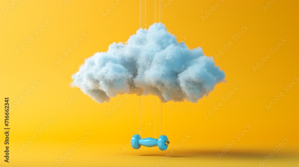3d render, blue heavy weight is hanging under the levitating cloud ...