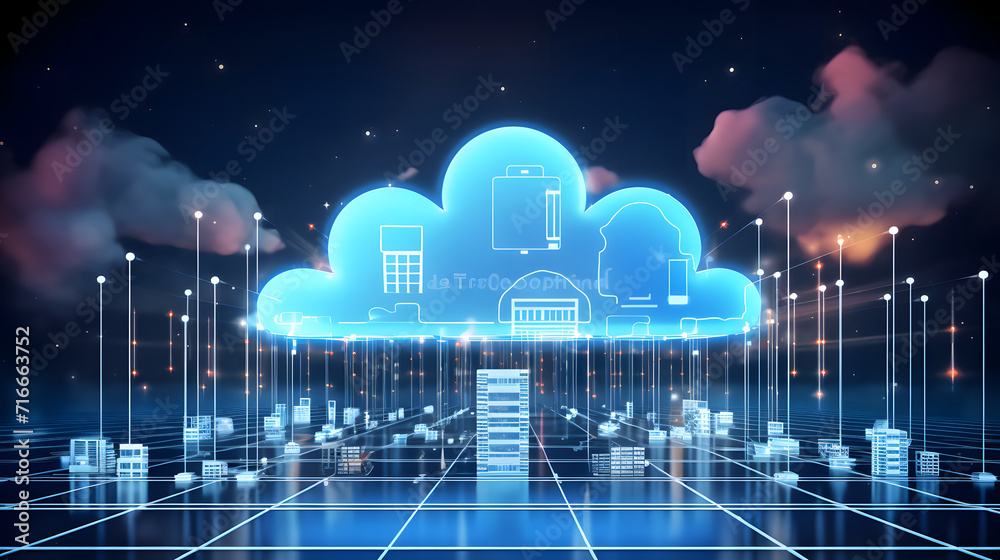 Cloud computing concept background. Digital data processing in the virtual cloud abstract ...