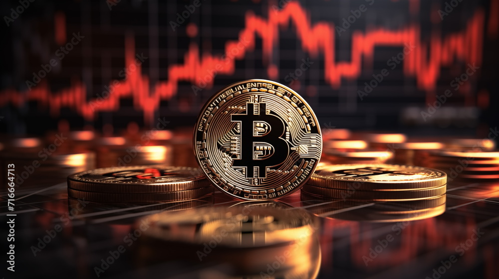 3D gold Bitcoin on price candlestick chart background. Market crash ...