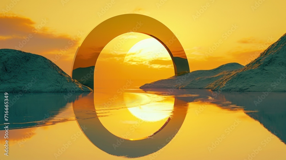 3d render. Abstract minimalist geometric background of fantastic sunset ...