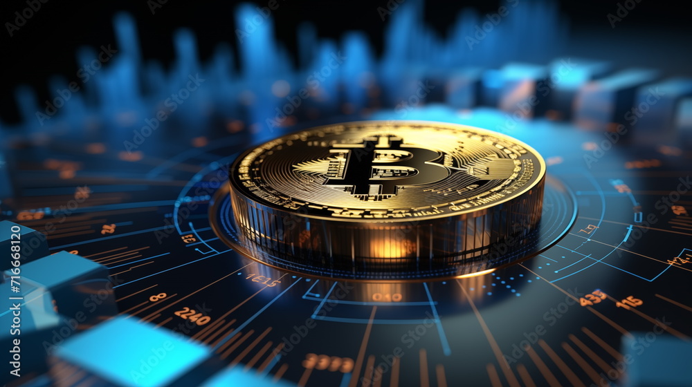 3D gold Bitcoin on price candlestick chart background. Dark trading chart Background ...