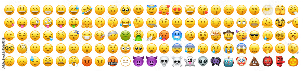 Big set of iOS emoji. Funny emoticons faces with facial expressions ...