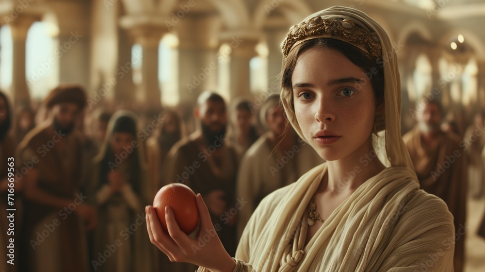 Saint Mary Magdalene holds a red egg in the palace at the reception of ...