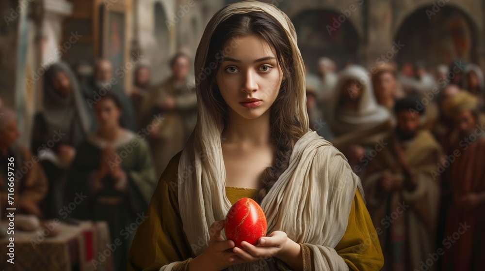 Saint Mary Magdalene holds a red egg in the palace at the reception of ...