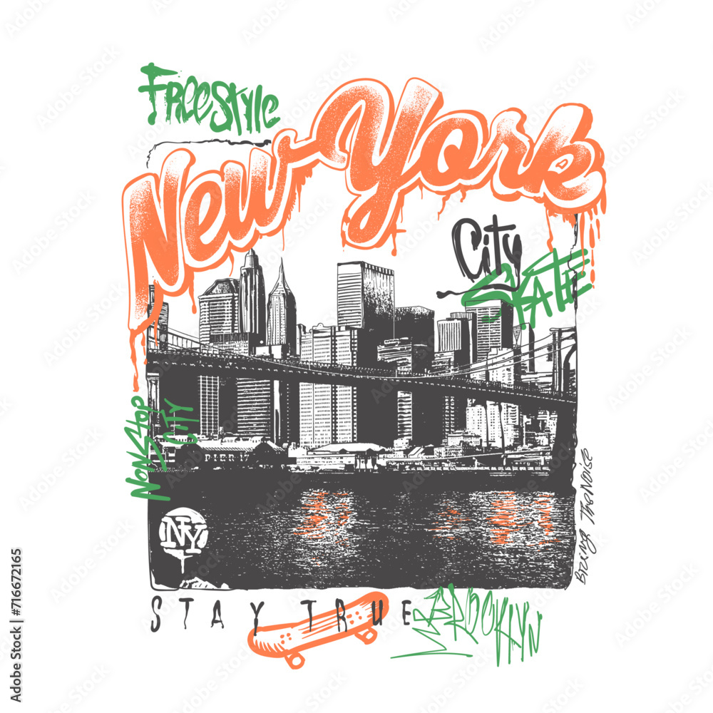Hand Draw New York City with Graffiti text print, Urban typography ...
