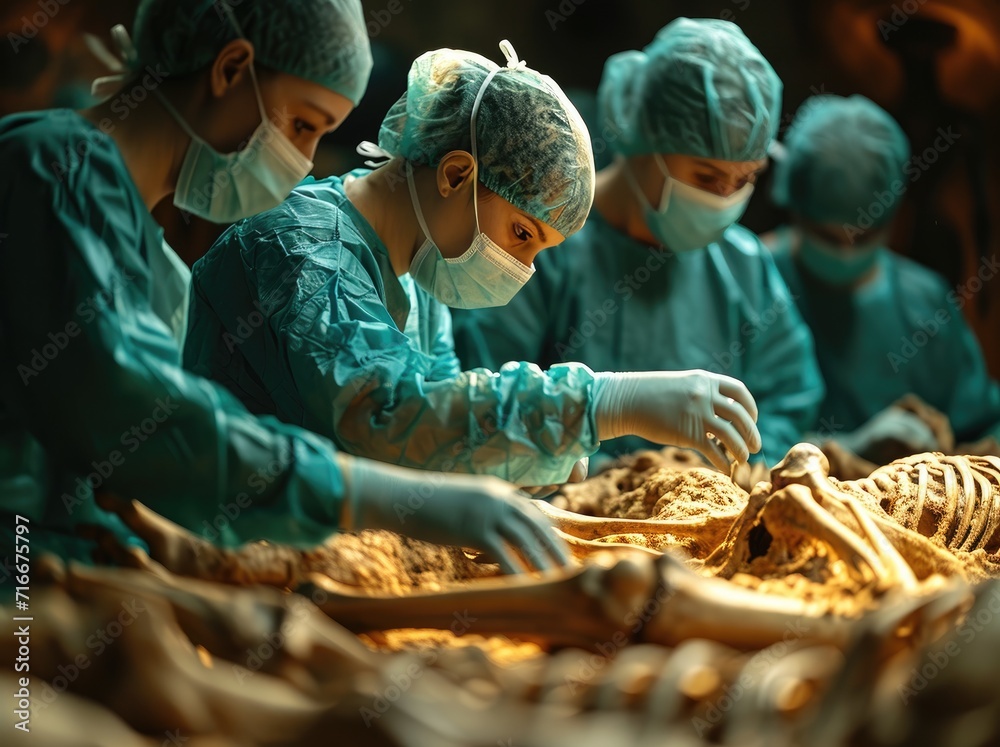 A team of medical professionals donning scrubs and surgical masks ...