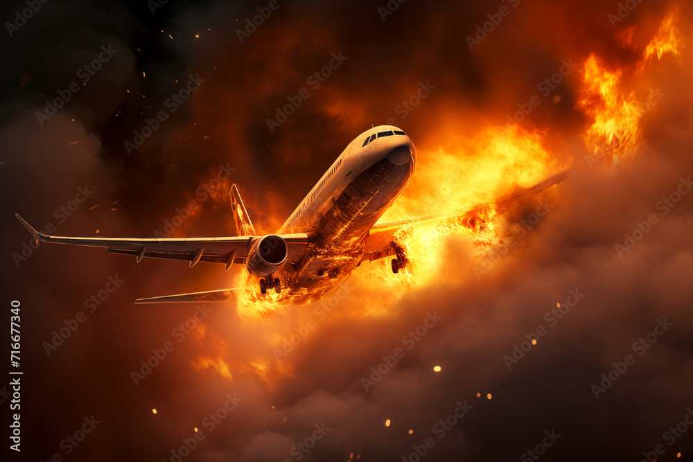 Explosion after catastrophic airplane flight with a burning fire a ...