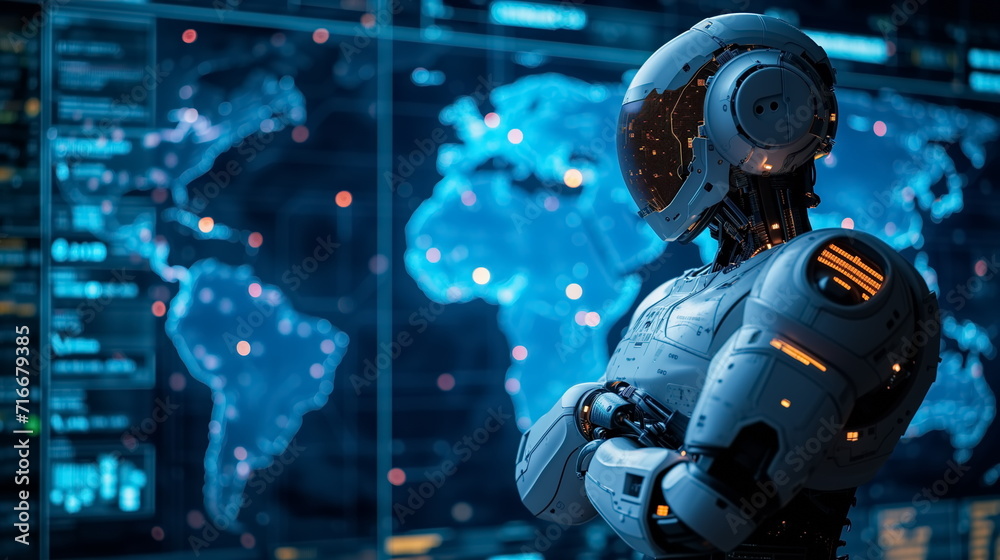 Robot arm crossed, Humanoid robot standing on blue world map icon ...