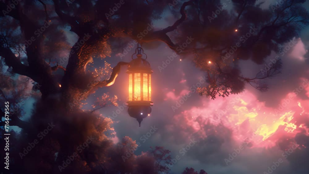 Mystic night background with tree branches and lantern hanging on tree ...
