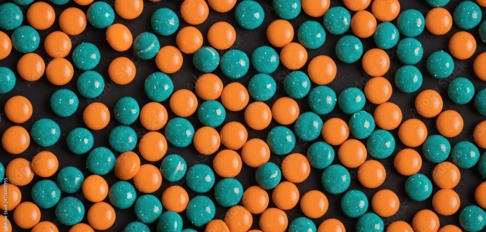 a group of orange and blue candies on top of a black surface with ...