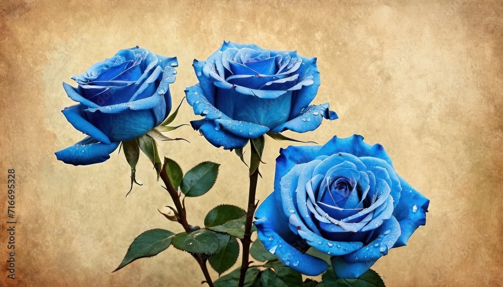 three blue roses are in a vase with water droplets on the petals and ...