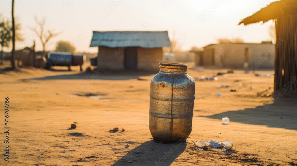 an empty water container is illuminated by harsh sunlight, signifying ...