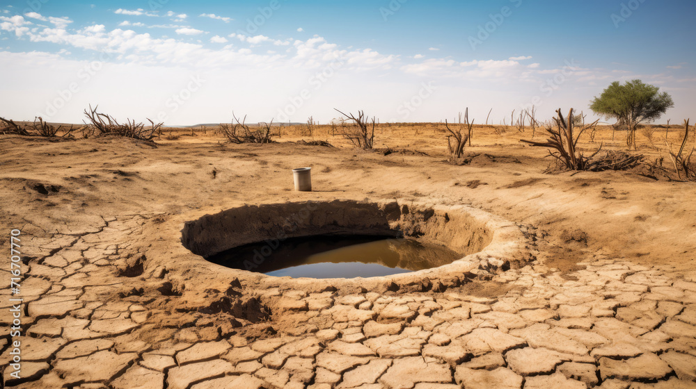 remote African village, a parched and cracked earth surrounds an empty ...