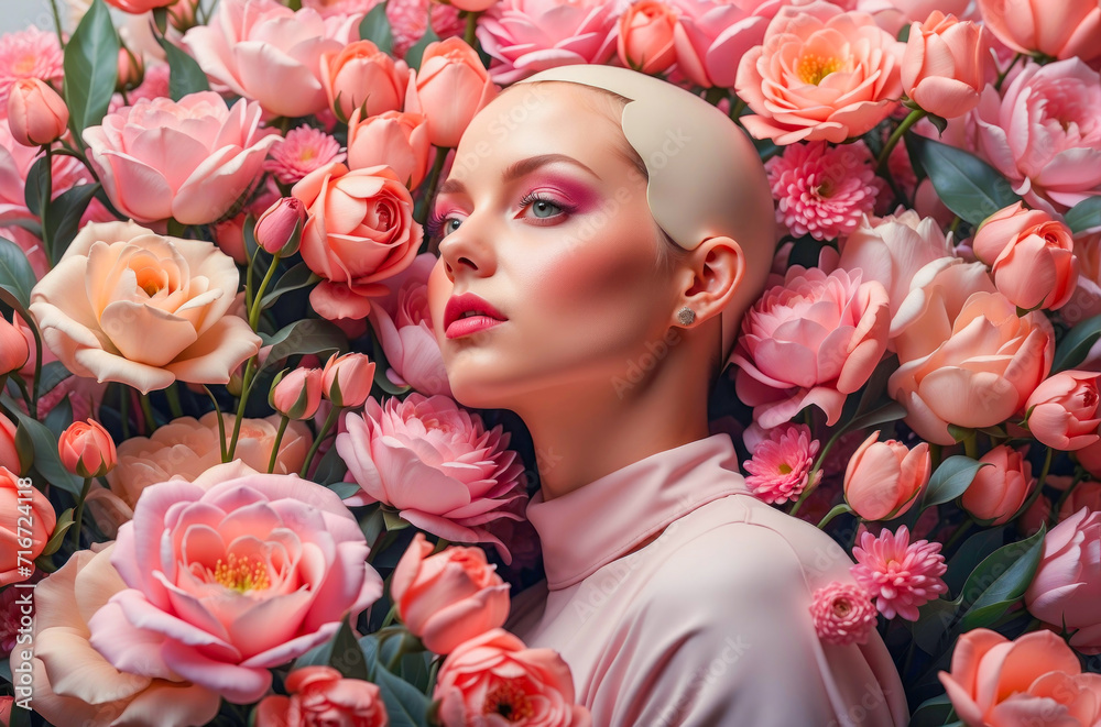 Empowerment in Bloom: A Bald Woman Amidst a garden of Vibrant rose ...