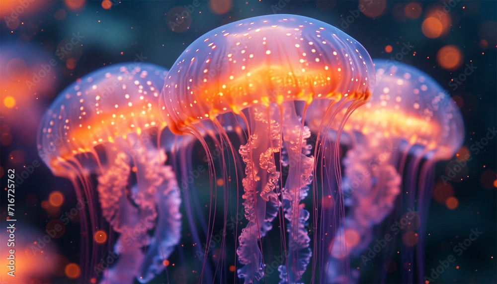 Jellyfish floating in magical ocean. Beautiful cosmic neon purple sea ...