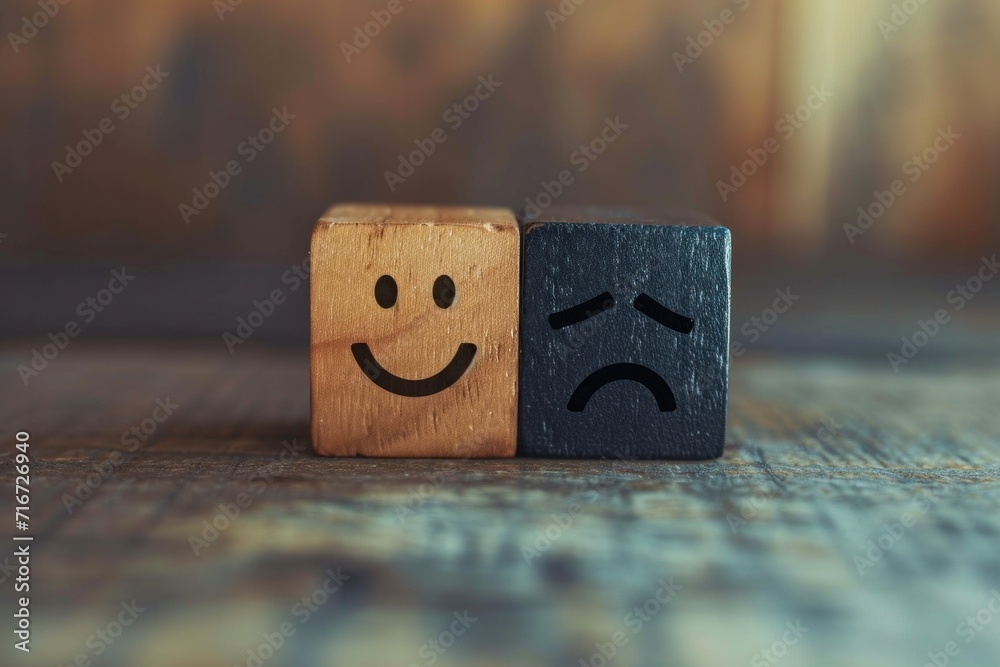 Symbol representing a sad face in the dark on a wooden block to choose ...