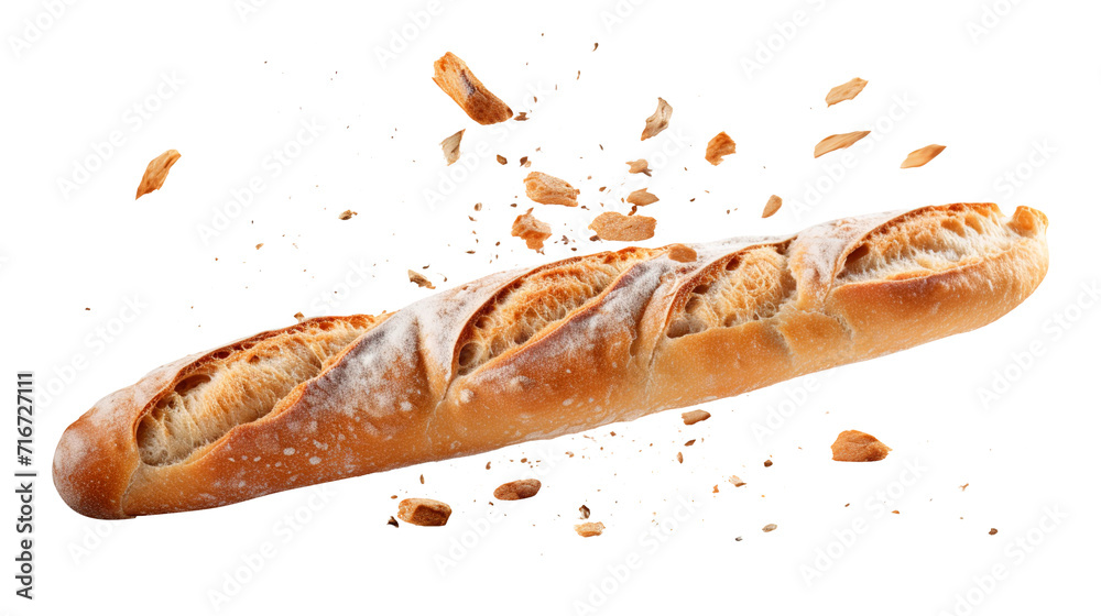 Baguette bread with falling crumbs isolated on transparent background ...