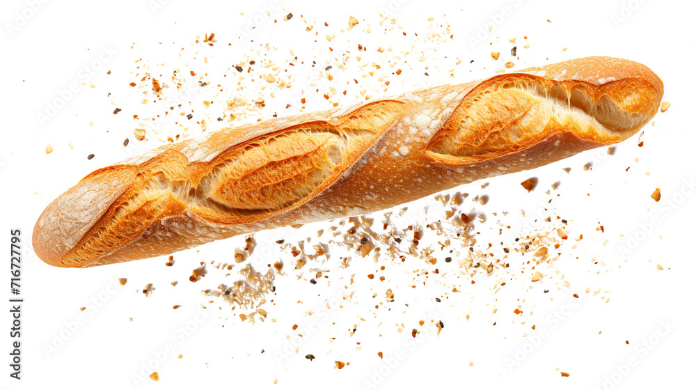 Baguette bread with falling crumbs isolated on transparent background ...