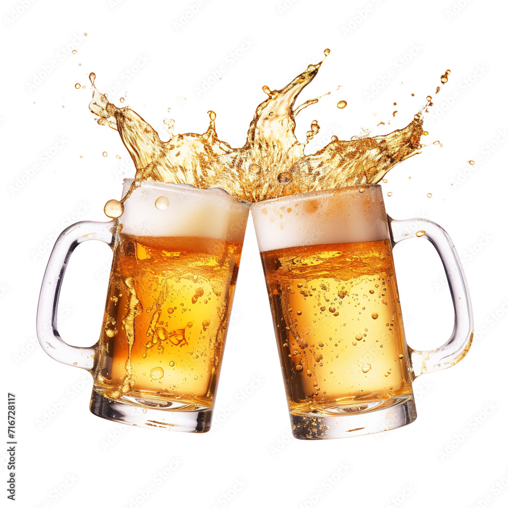 Two Beer Mugs toasting creating splash isolated on transparent ...