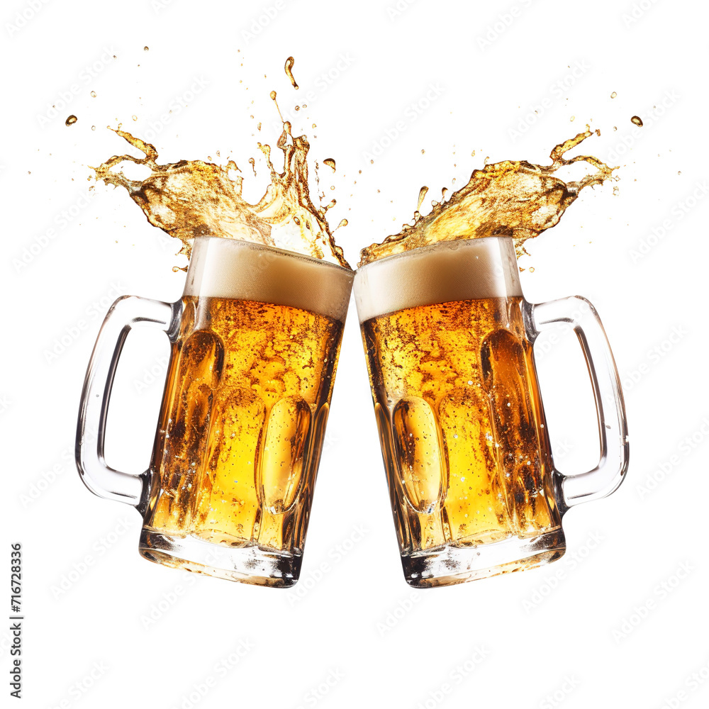 Two Beer Mugs toasting creating splash isolated on transparent ...