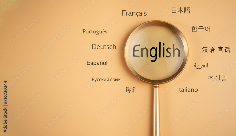 Magnifier focus on english language translate worldwide concept. Person use smartphone with ...