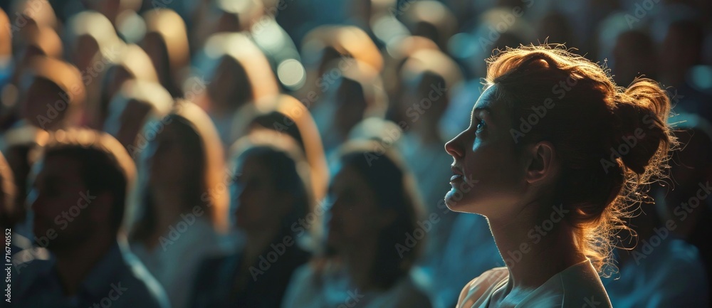 A lone woman gazes upward, her face a mixture of determination and ...