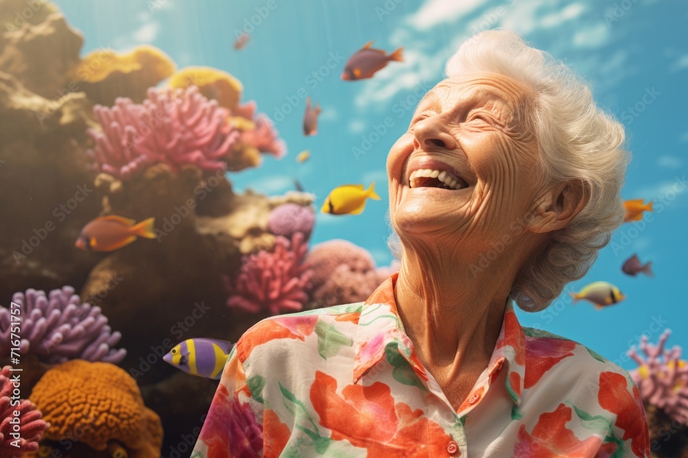 Portrait of a blissful elderly woman in her 90s donning a classy polo ...