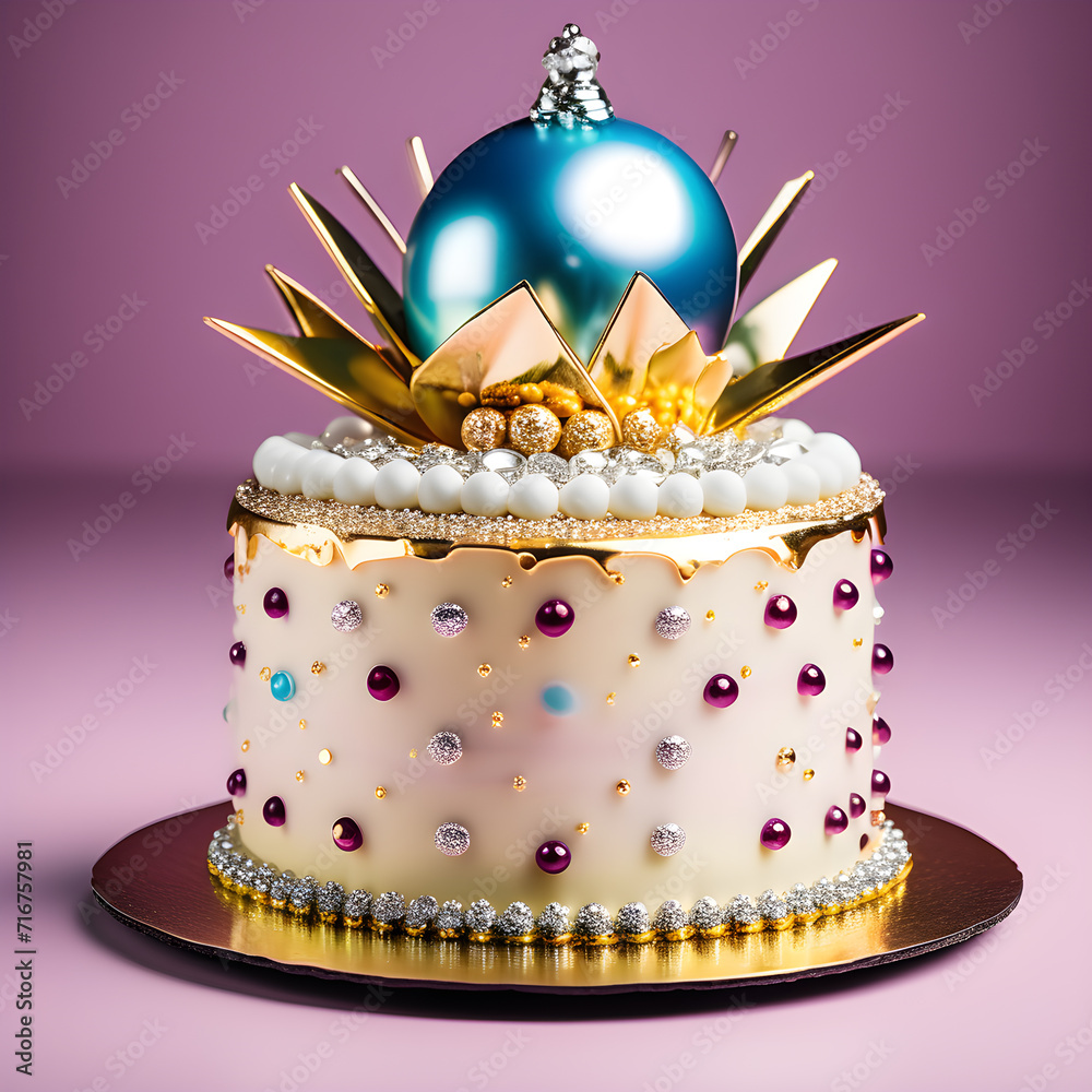 wedding Cake with gem and diamonds on top, gold icing garnish mirror ...