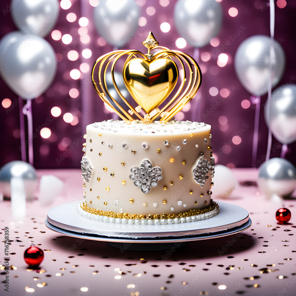 wedding Cake with gem and diamonds on top, gold icing garnish mirror ...