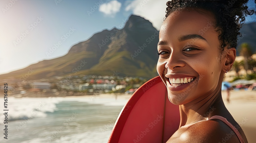 This surfer's striking features, including her flowing hair and radiant ...