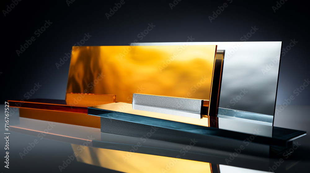 Silver, gold and multicolored aluminum panels in the style of ...