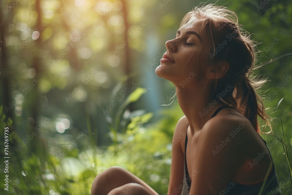 Woman in a calm state, taking in the pure woodland air. Generative Ai ...