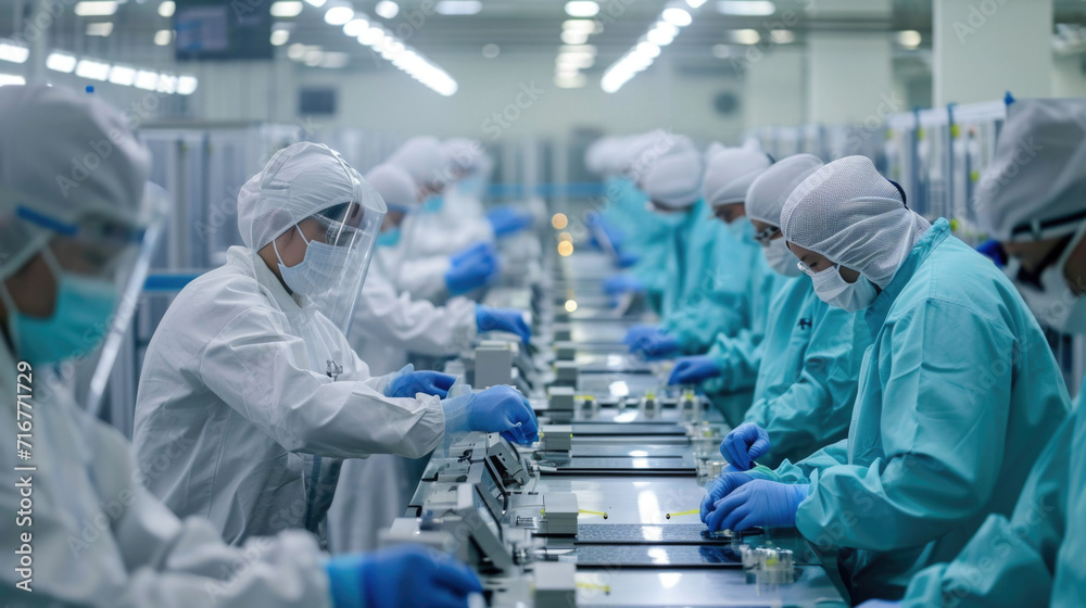 Operator in white clean suit, a cap and a mask at an electronic ...