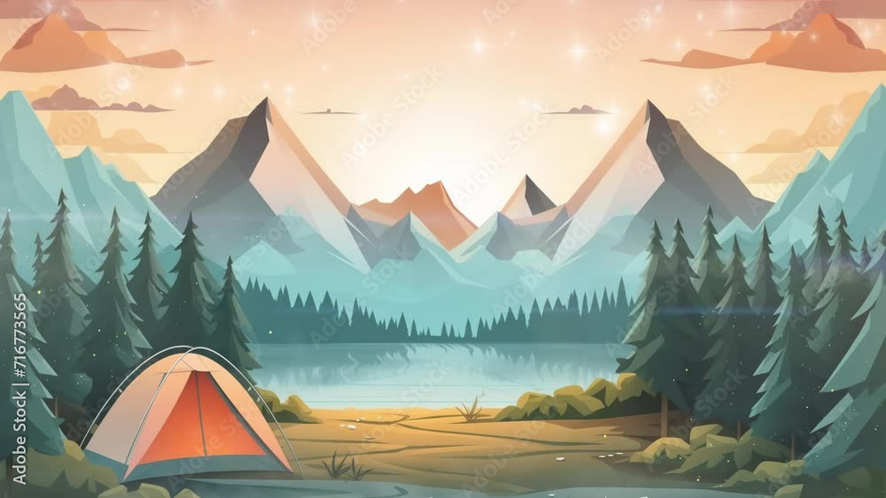cartoon style illustration. Mountain Adventure Camping and Hiking ...