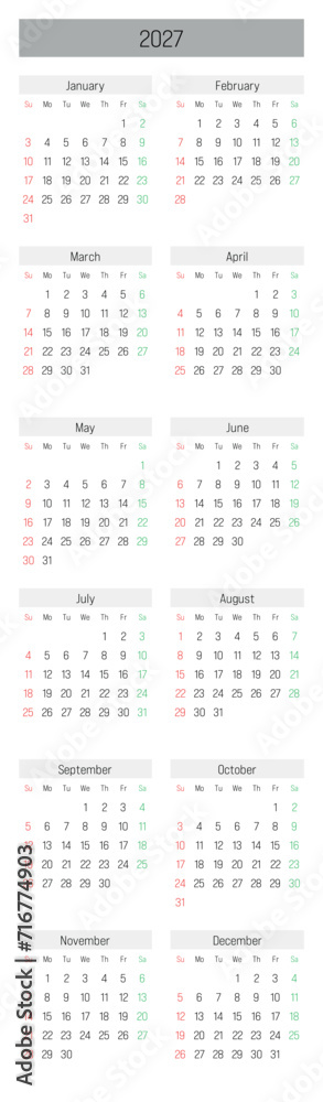 Monthly calendar of year 2027. Week starts on Sunday. Block of months ...