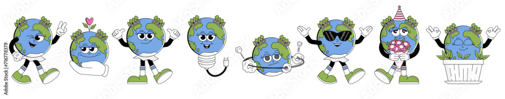 Retro Earth characters cartoon style. Funky globe mascot with ...