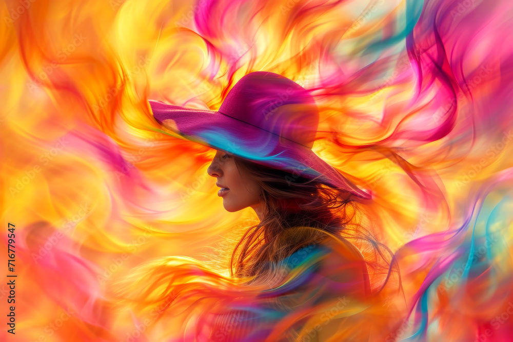 Colourful Hat Whirlwind. Woman in a colourful hat amidst a whirlwind of ...