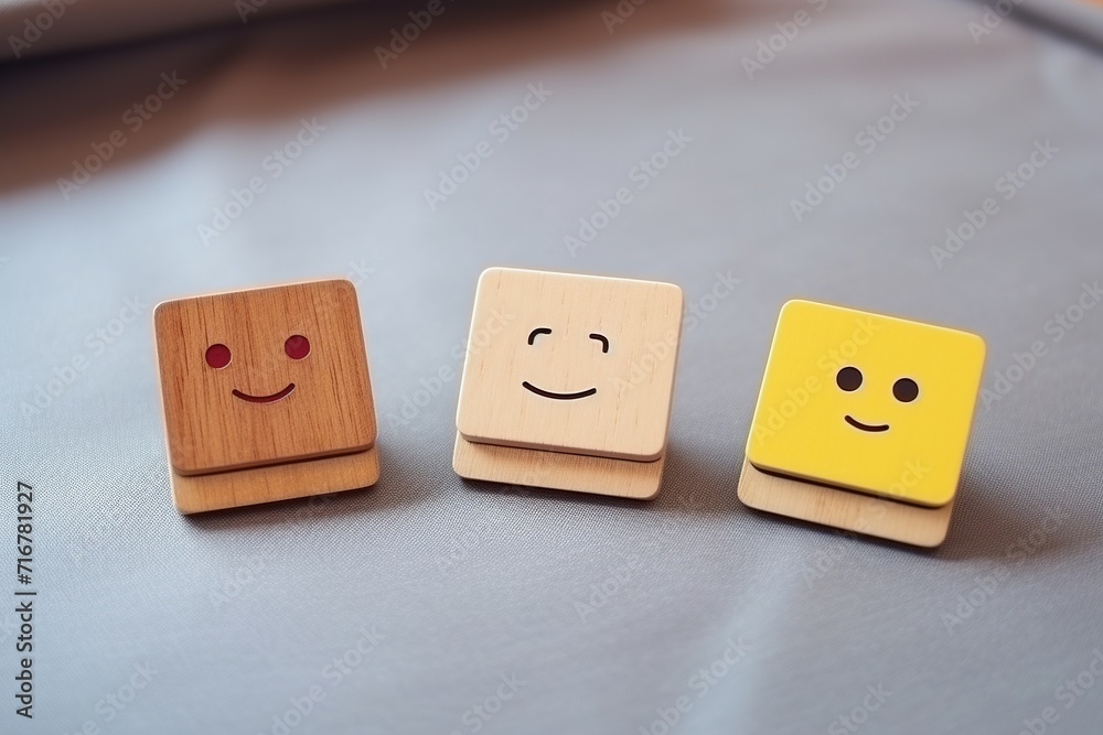 Wooden label with happy normal and sad face icons for experience survey ...