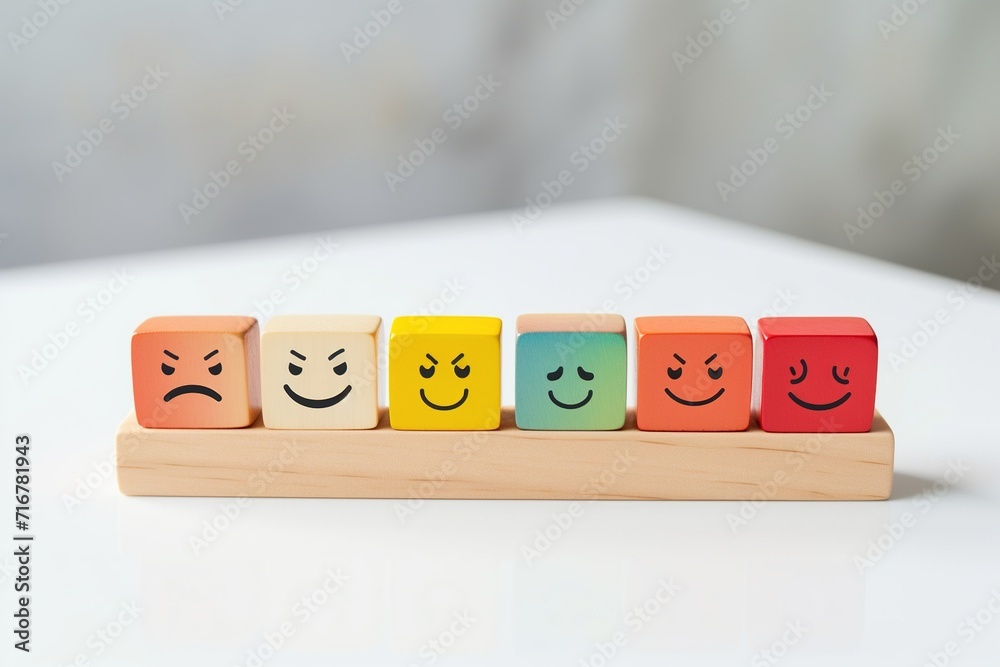 Wooden label with happy normal and sad face icons for experience survey ...