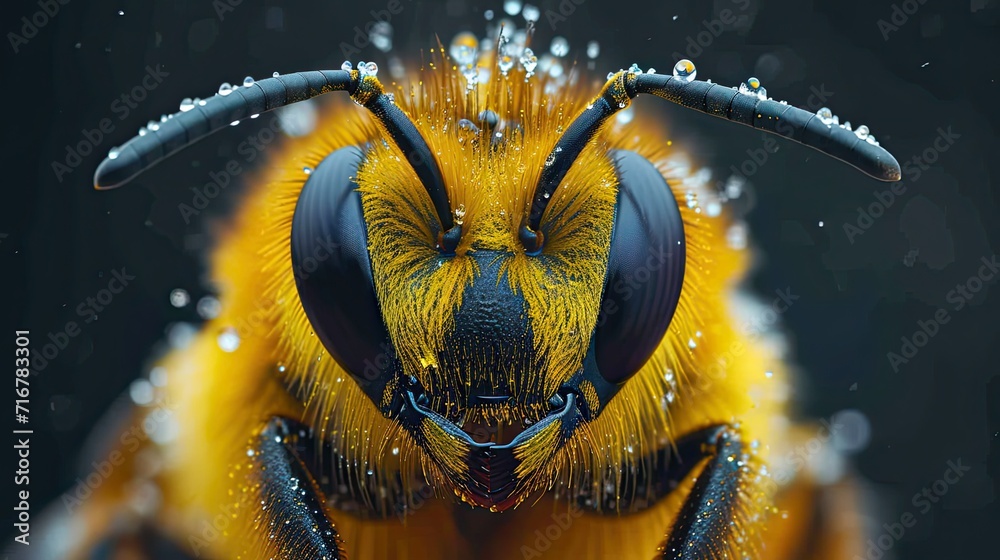 Bee under microscope macro portrait, isolated on black background ...