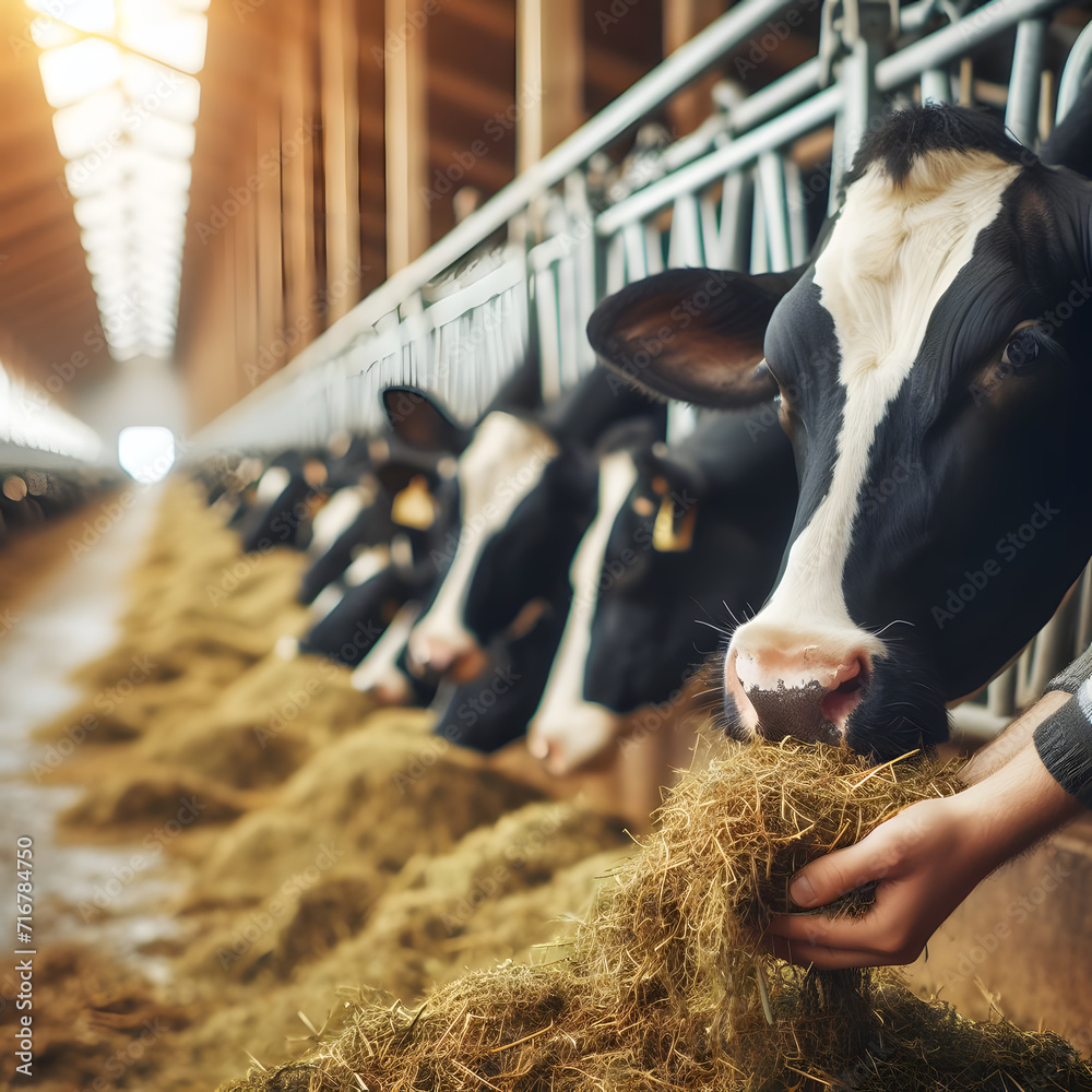 Healthy dairy cows feeding on fodder standing in row of stables in ...