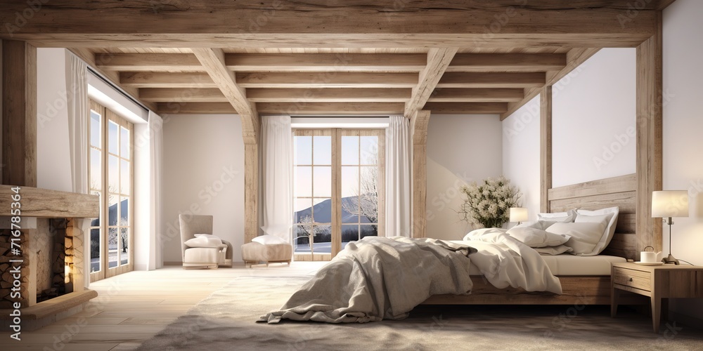 Ceiling with wooden beams and lining. Rustic interior design of modern ...