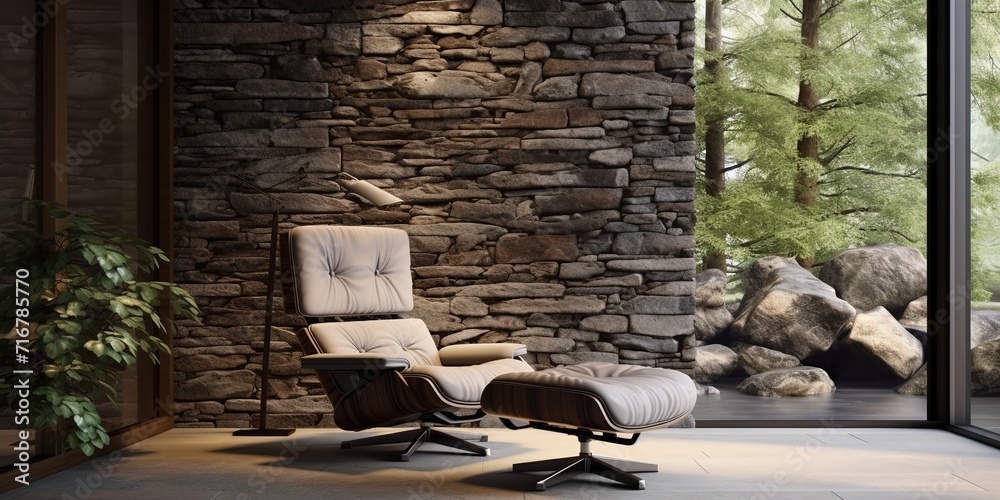 Lounge chair near wild stone cladding wall and window. Interior design ...