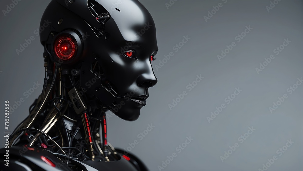 Side view portrait of a black humanoid robot with red eyes on plain ...