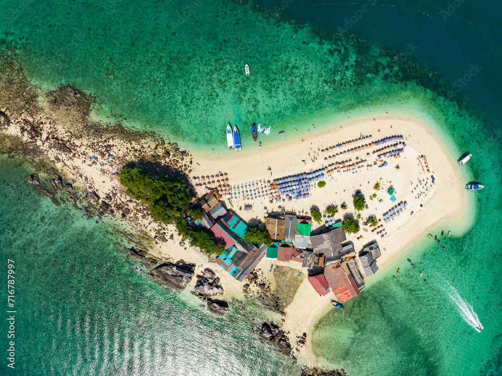 Aerial view drone shot of Amazing small island beautiful tropical sandy ...