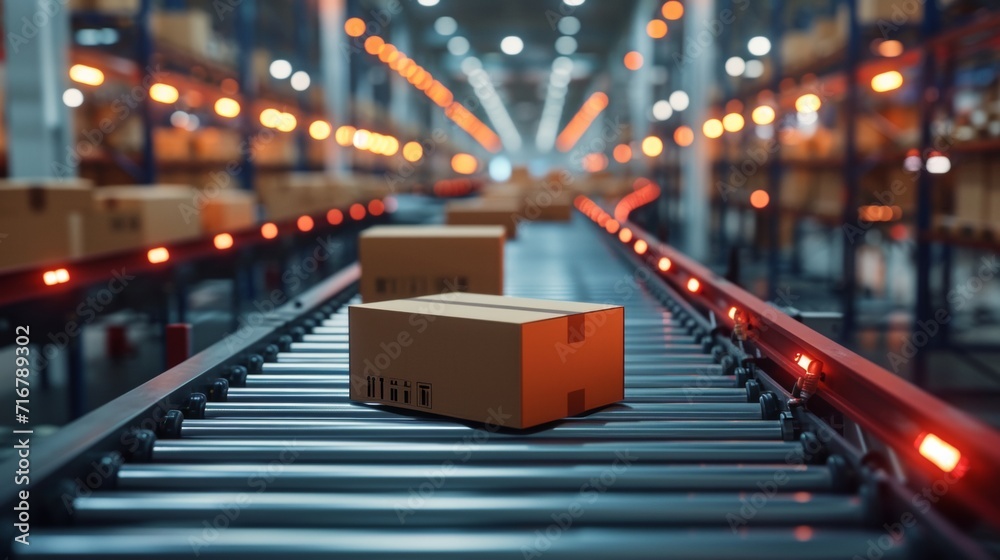 Smart warehouse management system concept.Cardboard boxes on conveyor ...