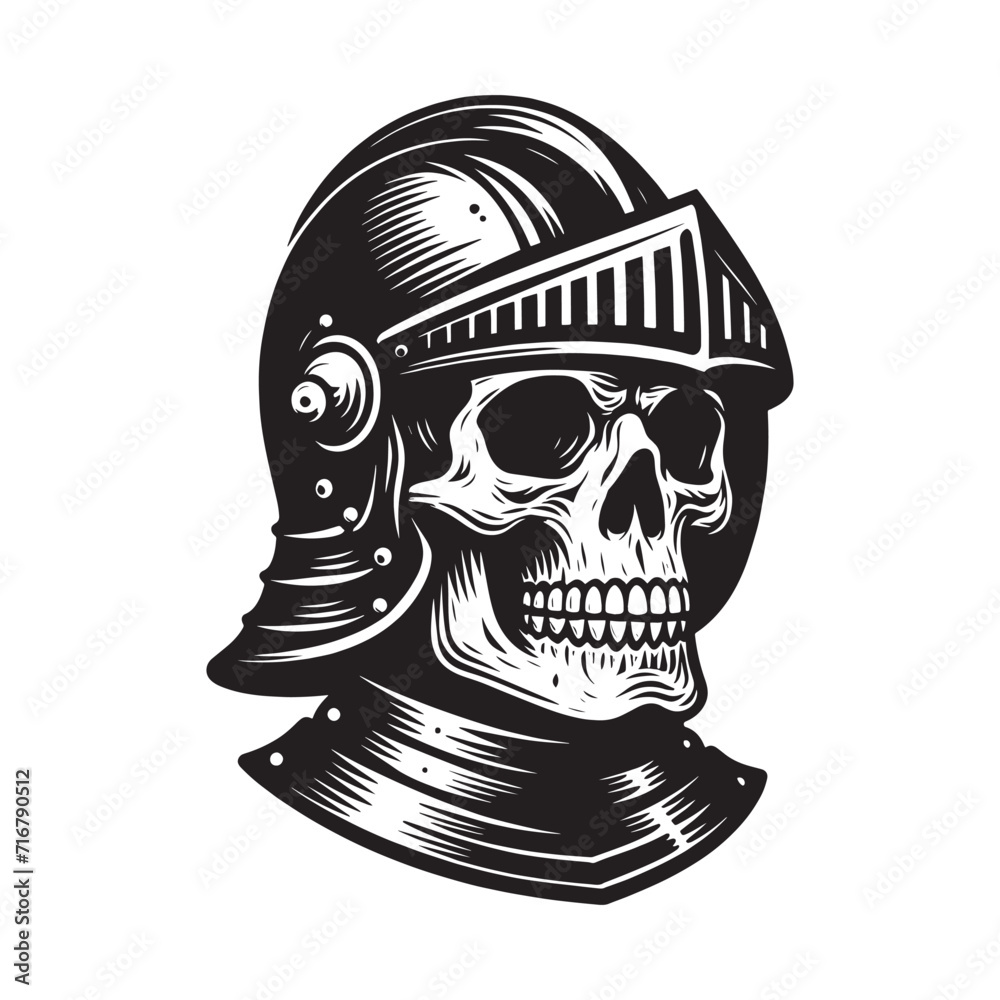 Skull in a medieval royal helmet. Engraving vector illustration. Icon ...