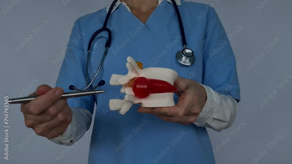 Treatment of intervertebral hernia. Chiropractor with anatomical model ...
