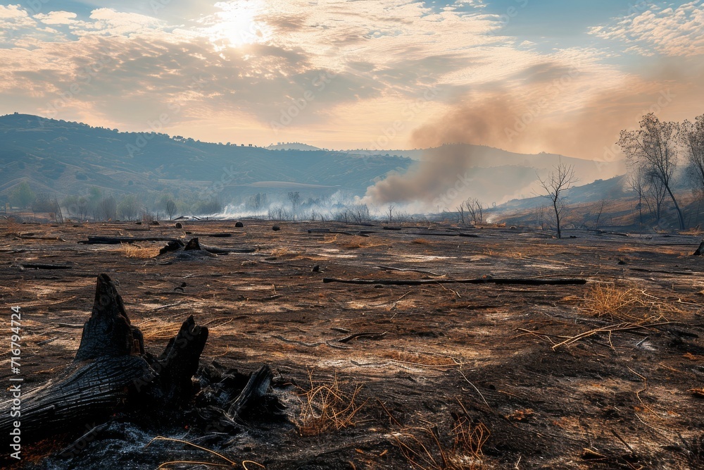 A desolate landscape, with clouds looming overhead and smoke rising ...